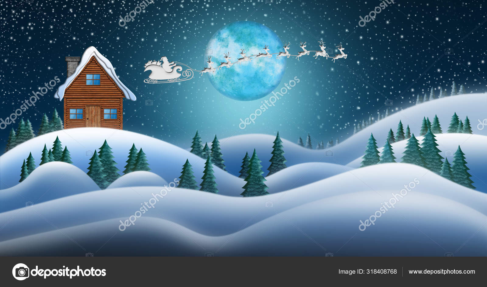 Santa Clause and Reindeers Sleighing Through Christmas Night Over the ...
