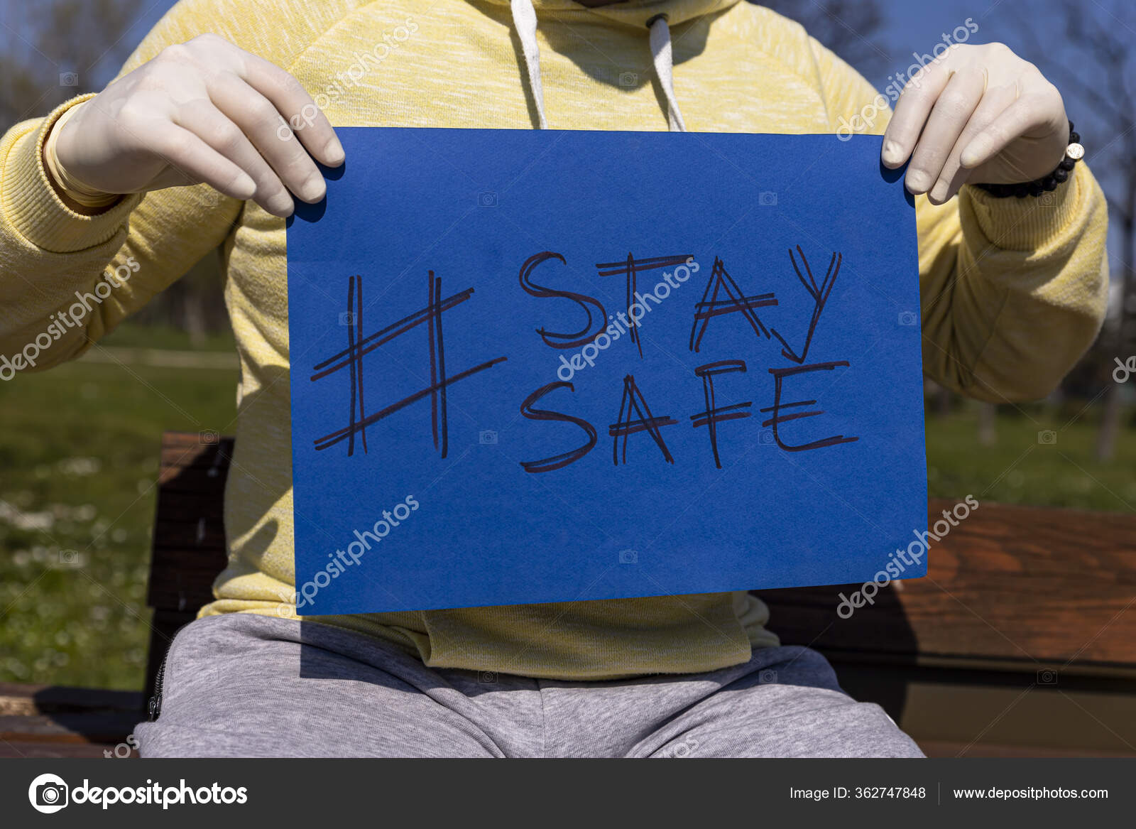 Stay Safe Sign Blue Chroma Key Paper Held Man Surgical ⬇ Stock Photo ...