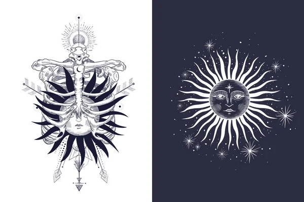 Face Sun Moon Stars Masonic Tattoo Design Shirts Alchemy Akultism Stock ...