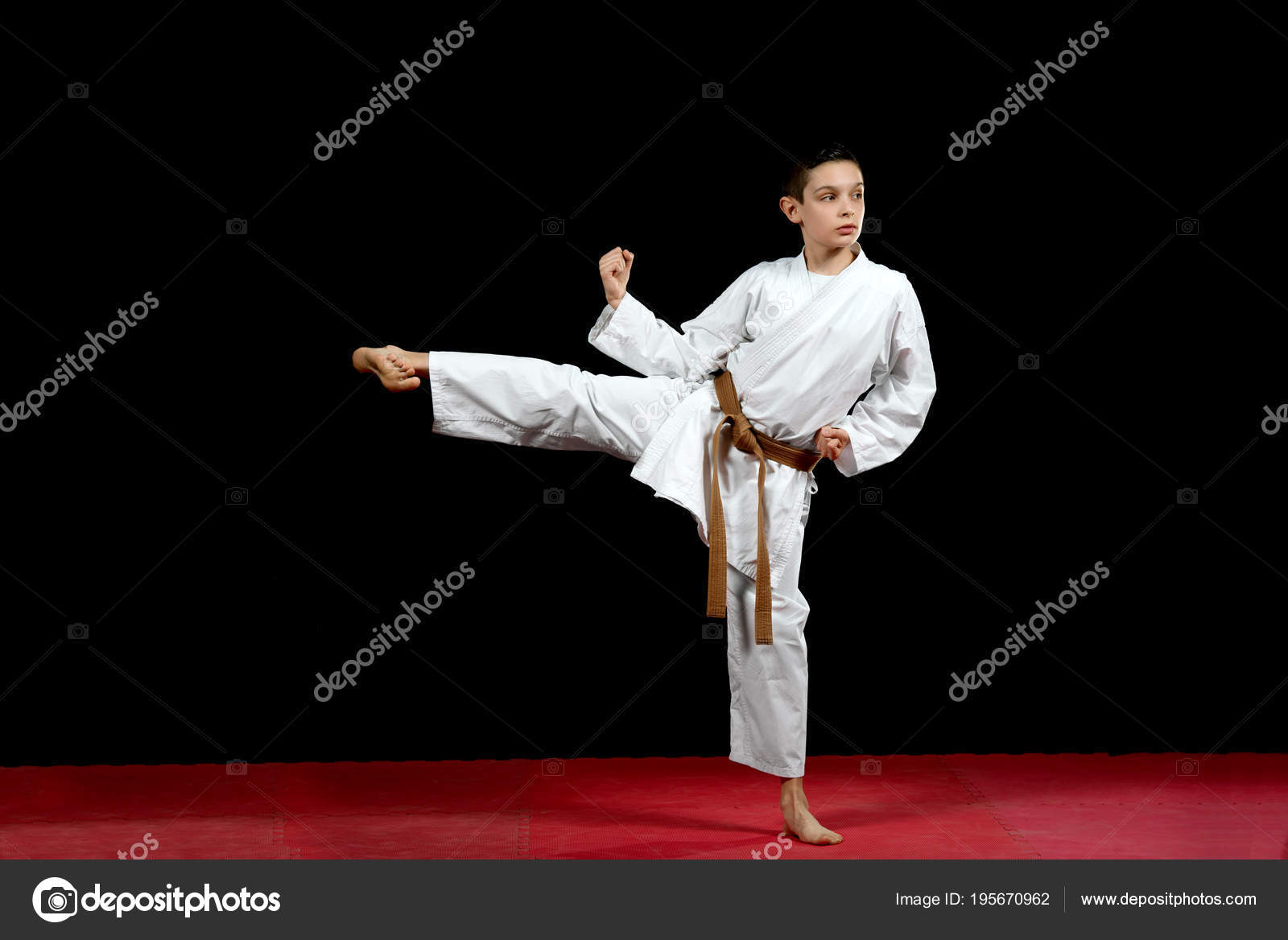 One Little Boy White Kimono Training Karate Kata Exercises Stock Photo ...