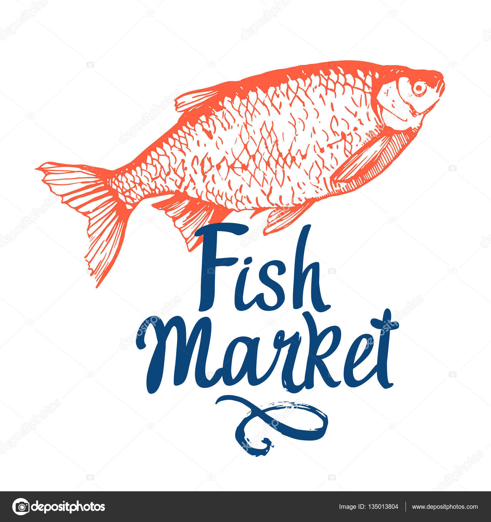 Hand drawn vector illustration with rudd fish. Market. Seafood menu ...