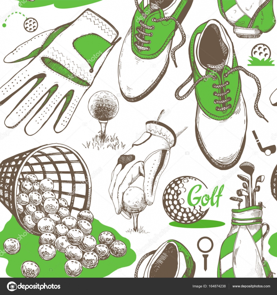 Seamless golf pattern with basket, shoes, car, putter, ball, gloves ...