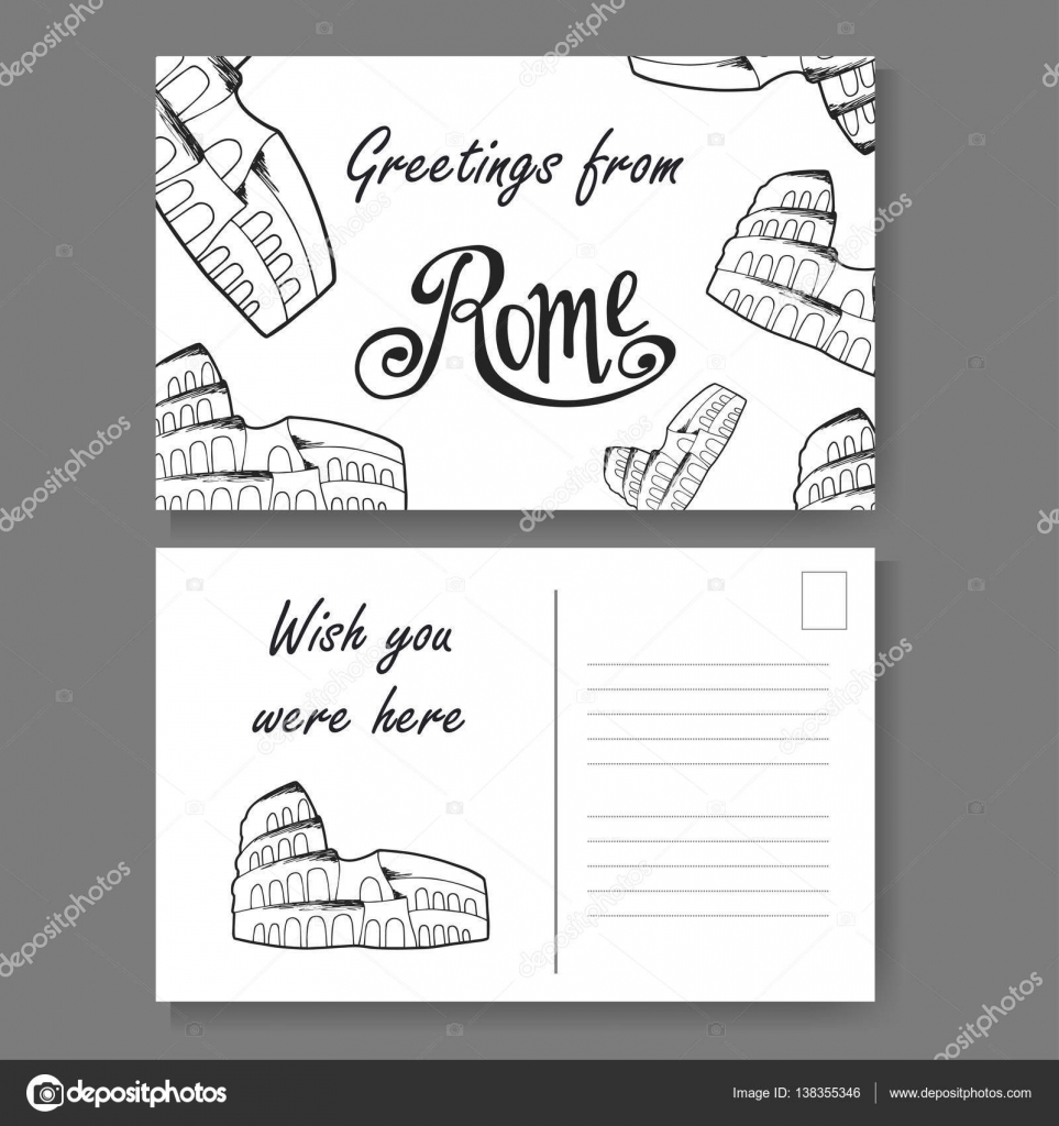 Postcard from Rome. Hand drawn lettering and sketch. Greetings from ...