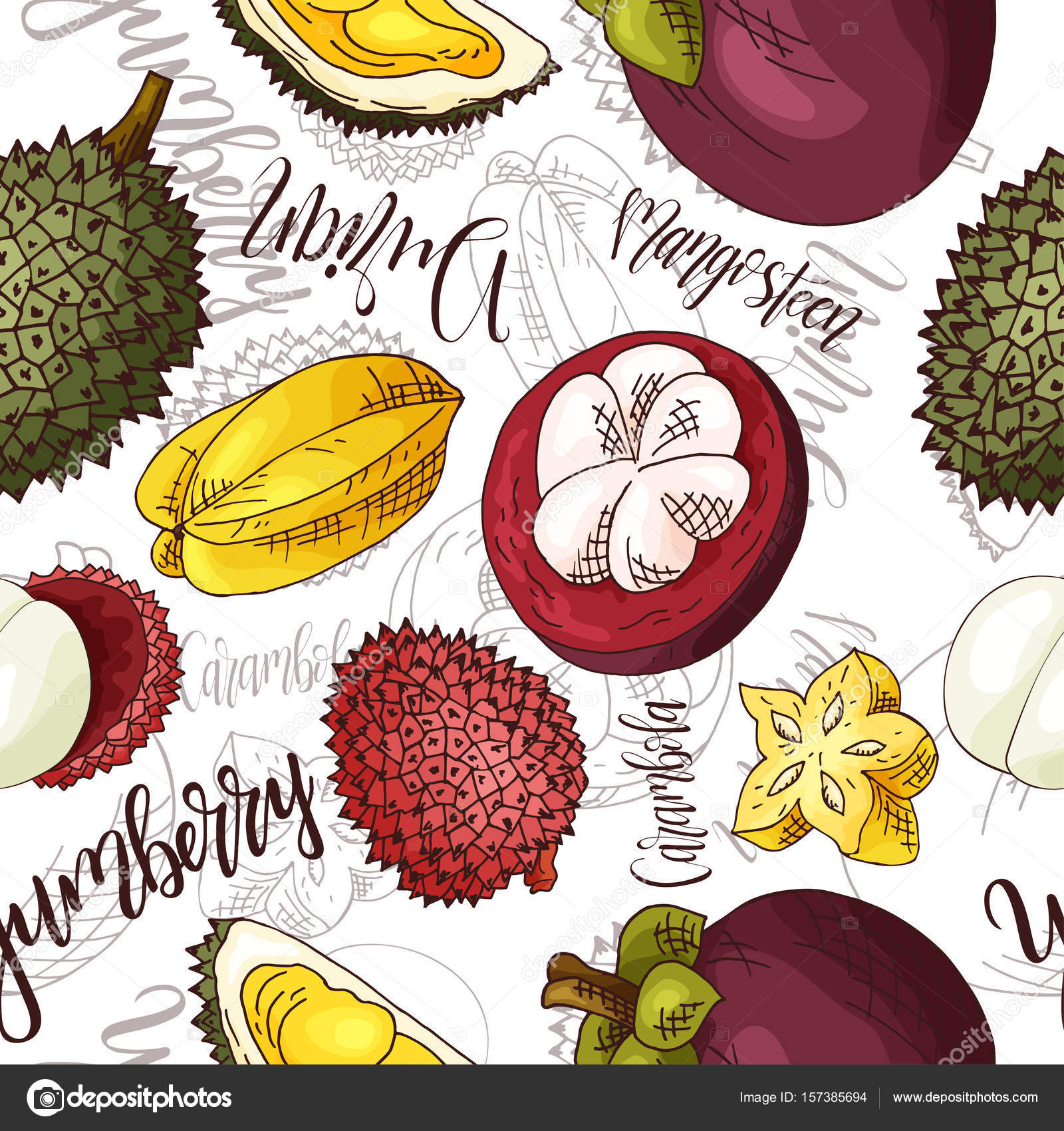 Vector seamless pattern with fruits. Durian and carambola and yumberry ...