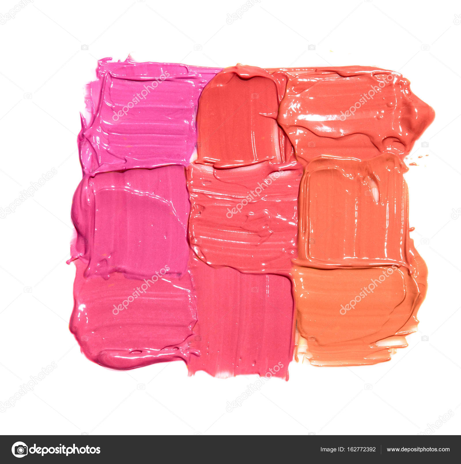 Nine samples of different lipstick colors in the form of square Stock ...