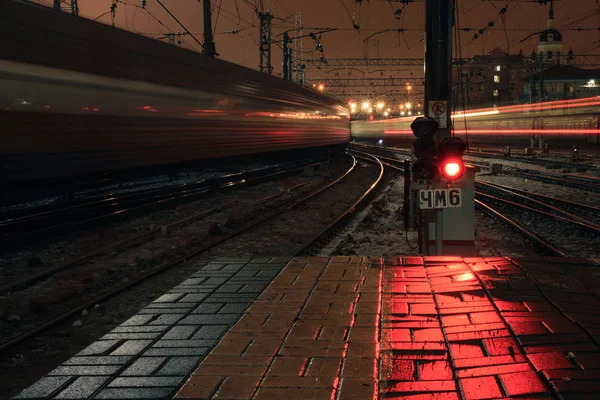 Red light signal at night on Kazansky rail station in Moscow, Russia ...