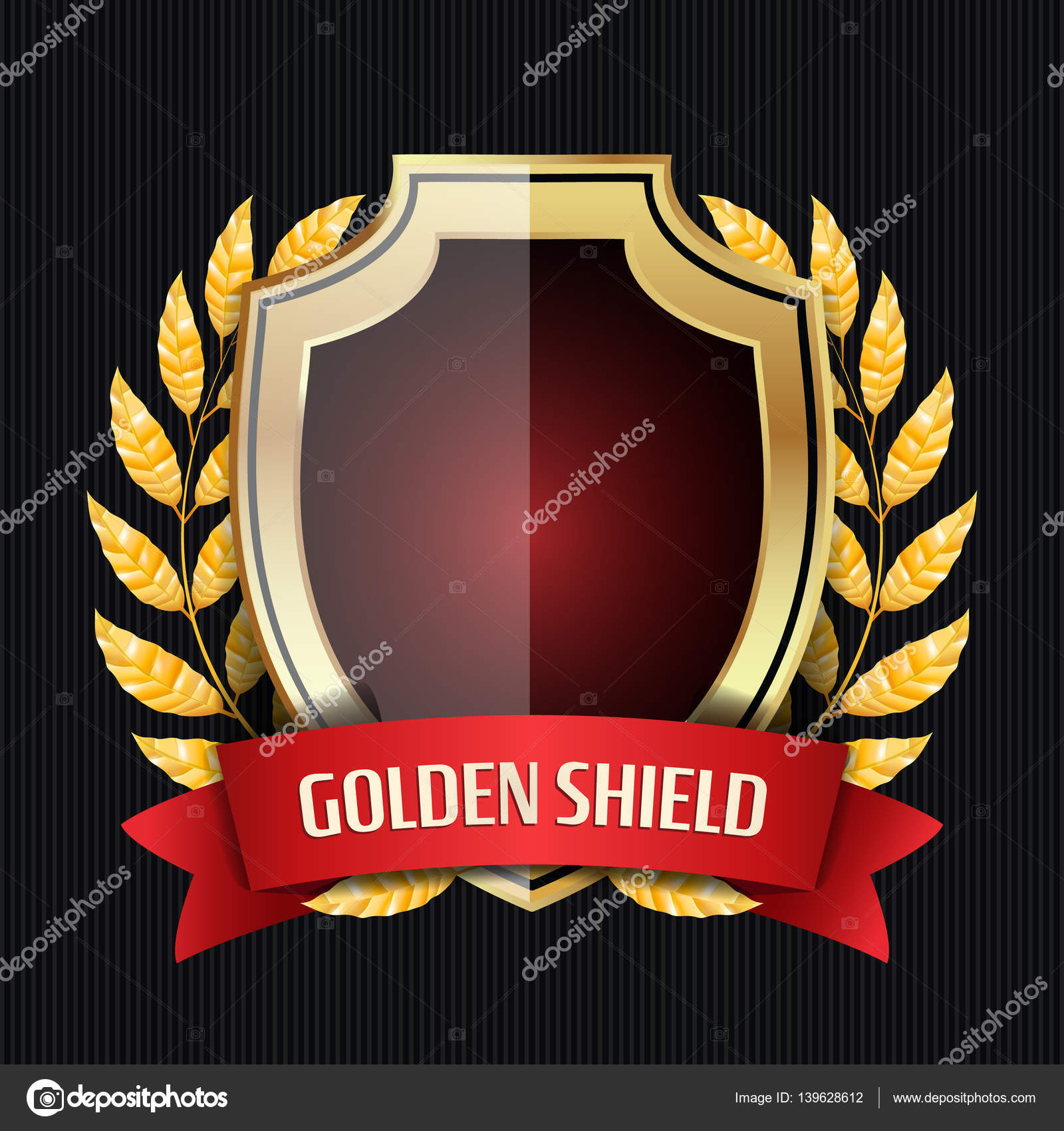 Escudo de oro con corona de laurel y cinta roja. Ilustración vectorial ... Escudo de oro con corona de laurel y cinta roja. Ilustración vectorial ...