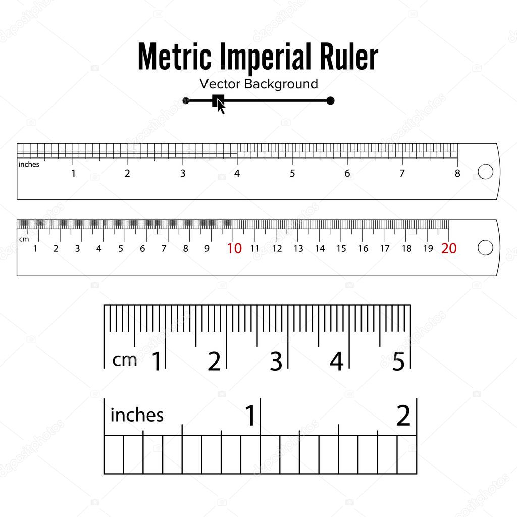 Vector de reglas imperiales métricas. Centímetro y pulgada. Instrumentos de medición Equipo ...
