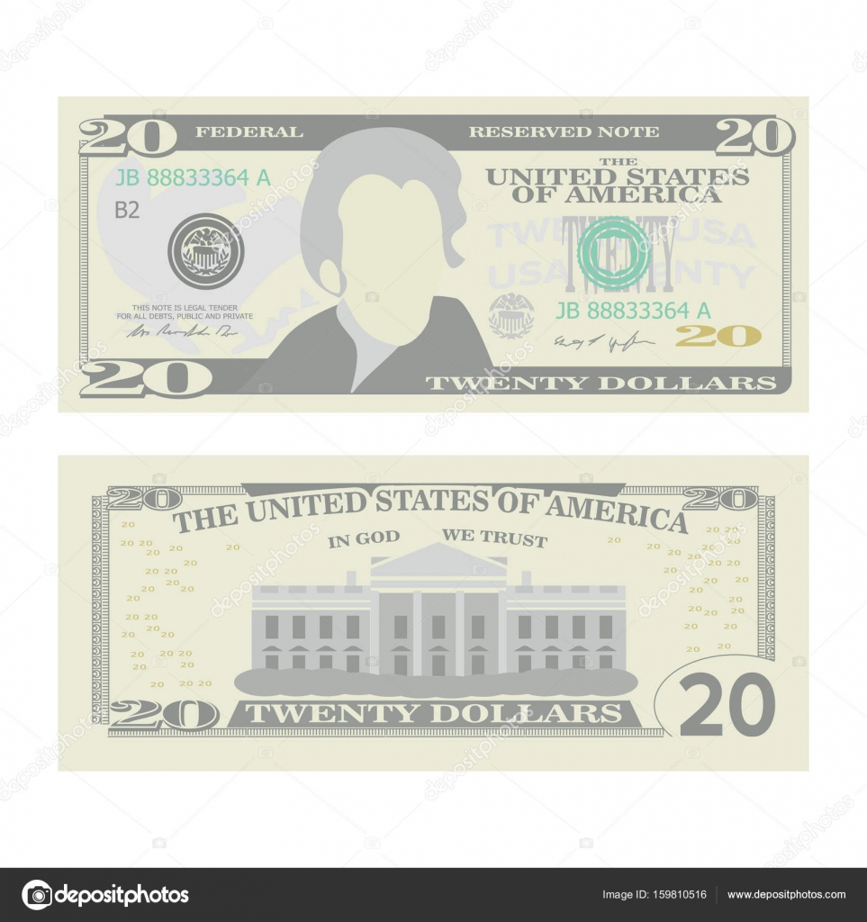 20 Dollars Banknote Vector. Cartoon US Currency. Two Sides Of Twenty ...