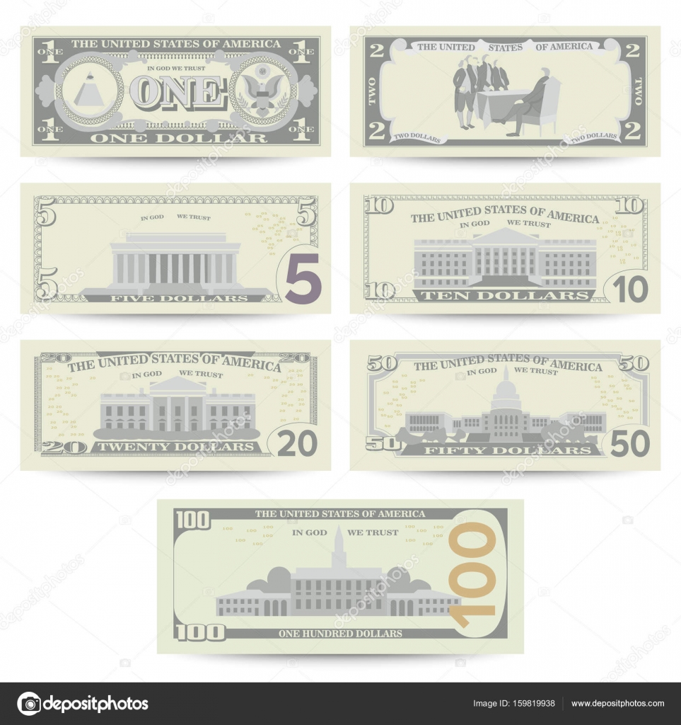 Dollars Banknote Set Vector. Cartoon US Currency. Flip Side Of American ...