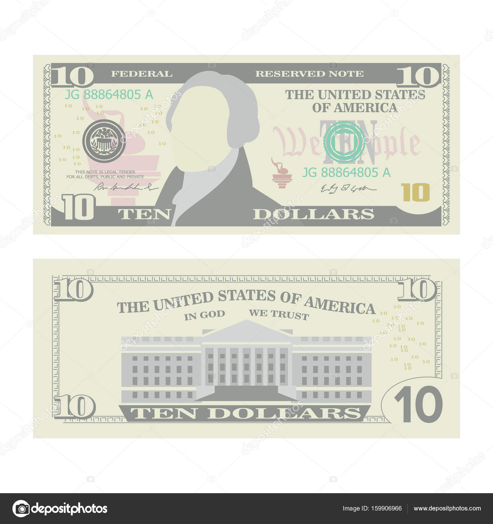 10 Dollars Banknote Vector. Cartoon US Currency. Two Sides Of Ten ...