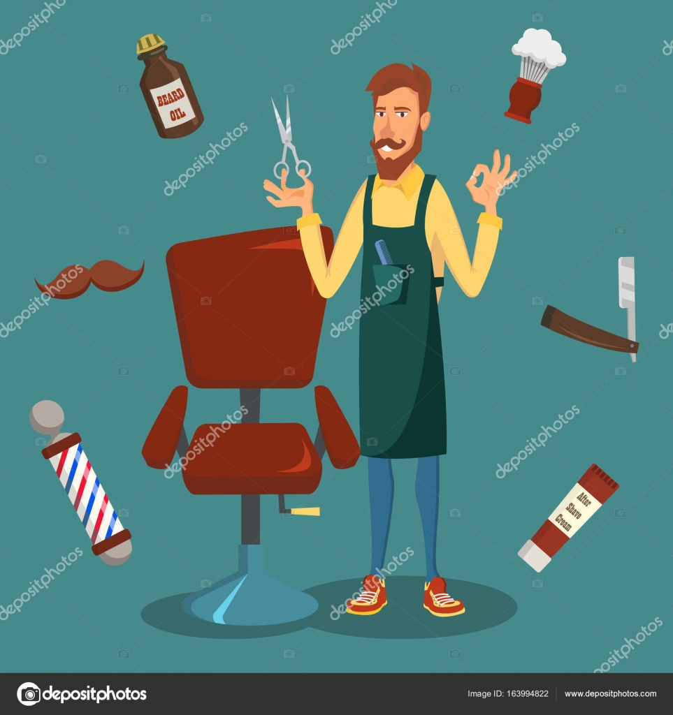 Lindo Vector de barbero. Dibujos animados Happy Hipster Barber Man ... Lindo Vector de barbero. Dibujos animados Happy Hipster Barber Man ...