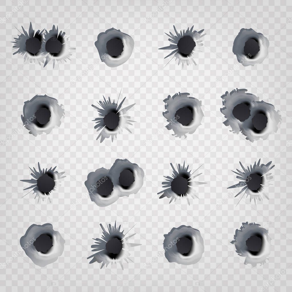 Bullet Holes In Metal Wall Vector. Realistic Caliber Weapon Holes ...