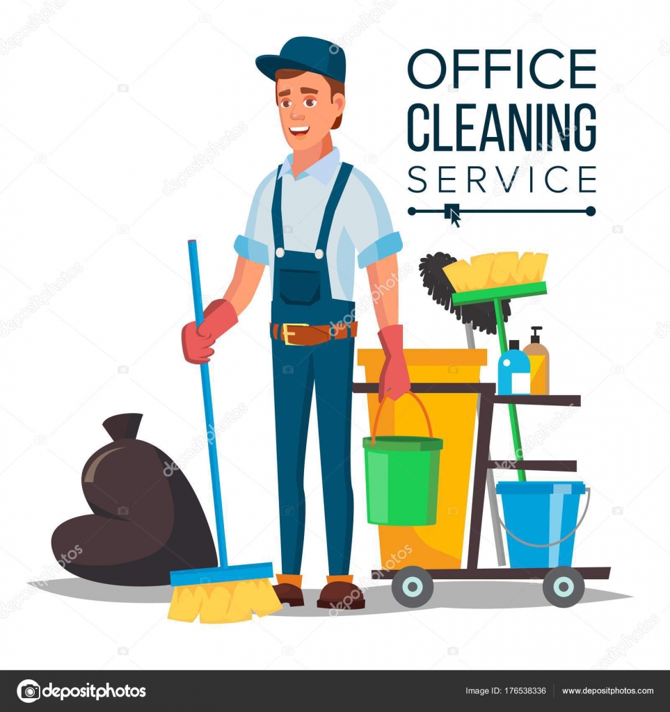 Office Cleaner Vector. Cleaner And Cleaning Equipment. Sweeper The ...