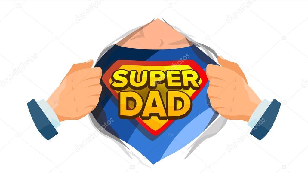 Super pap signo vector. D a del Padre. Camisa abierta de superh roe con placa de escudo ...