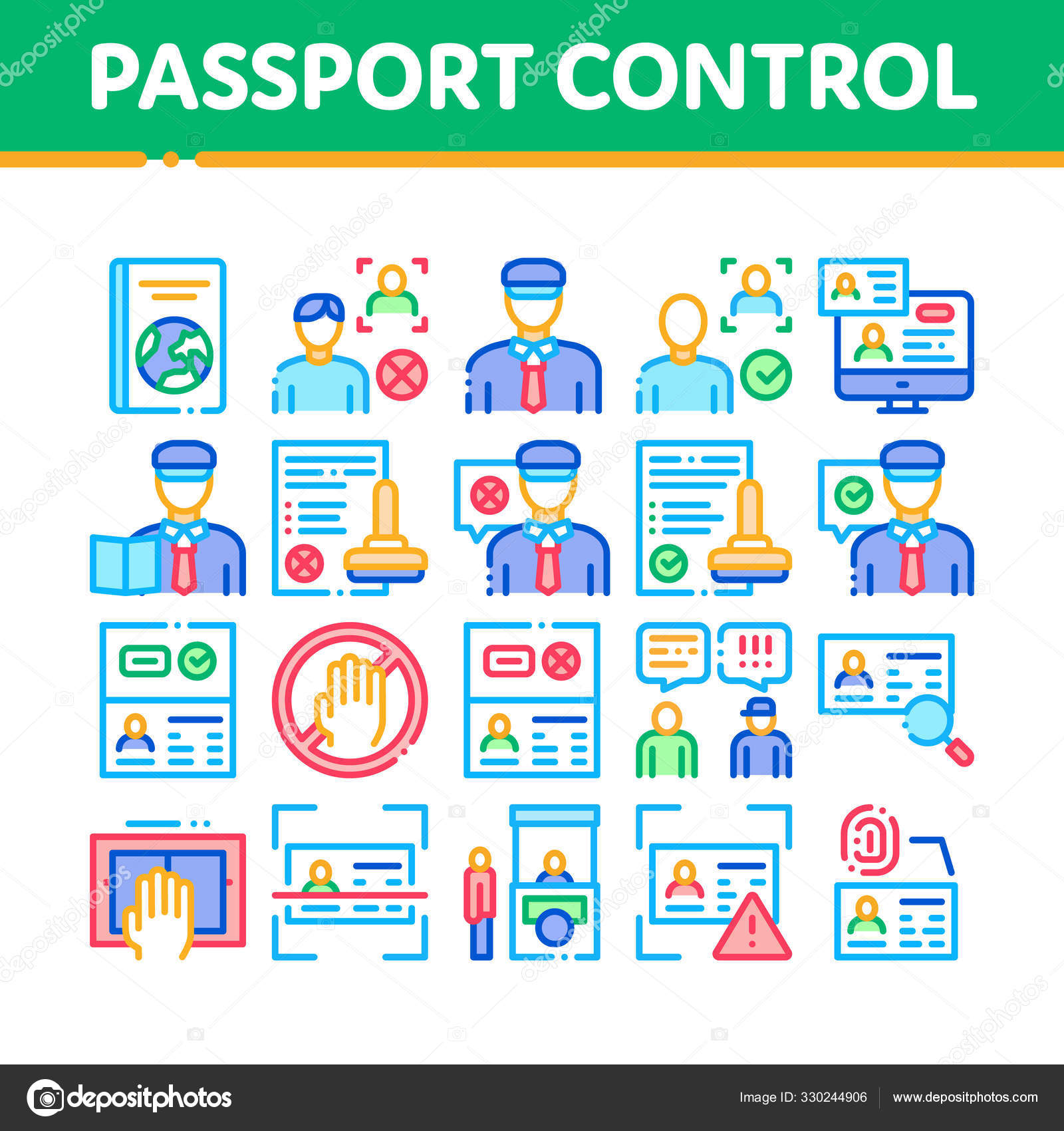 Passport Control Check Collection Icons Set Vector Stock Vector by ...