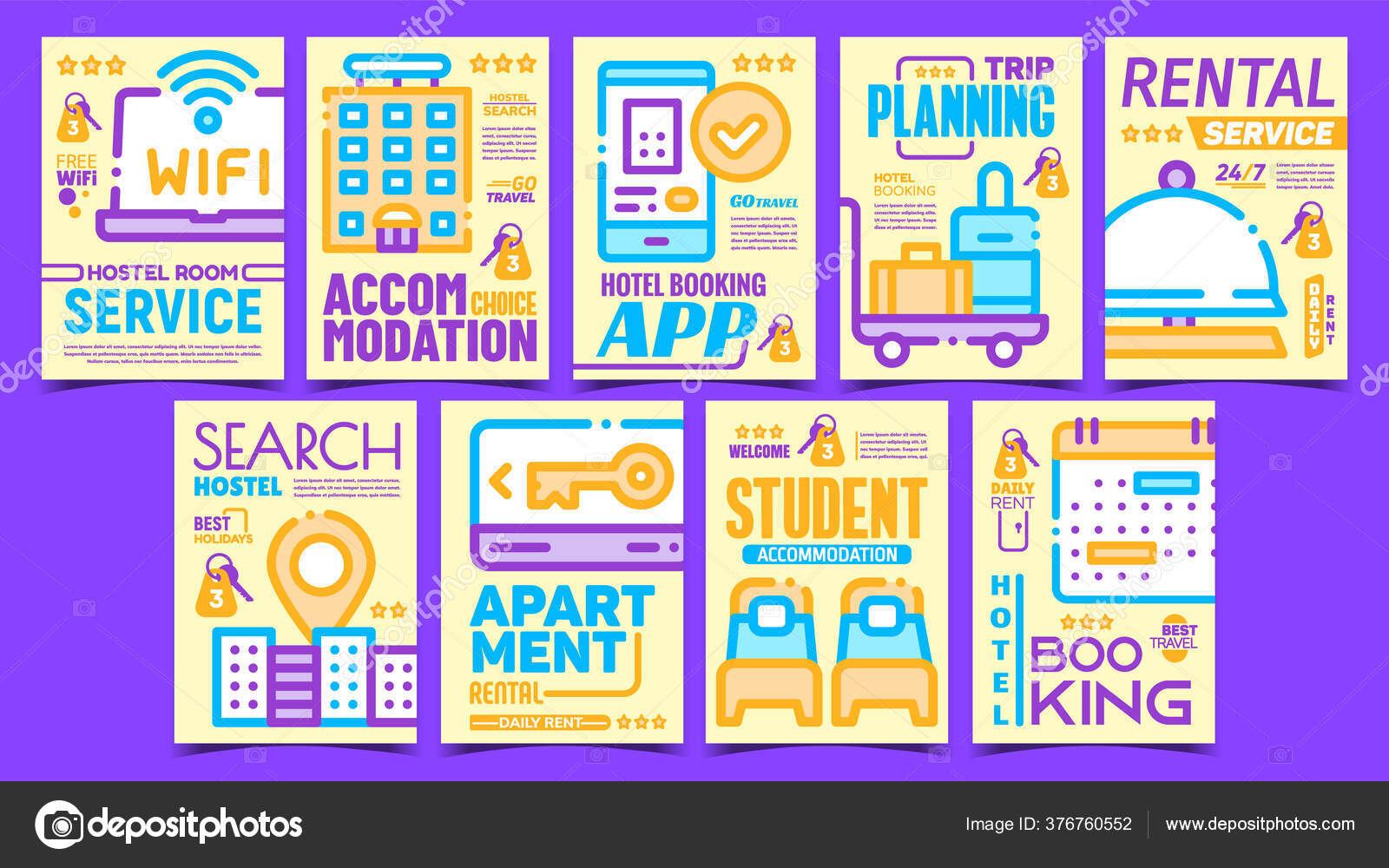 Hotel Room Service Creative Posters Set Vector Rental Service Booking ...