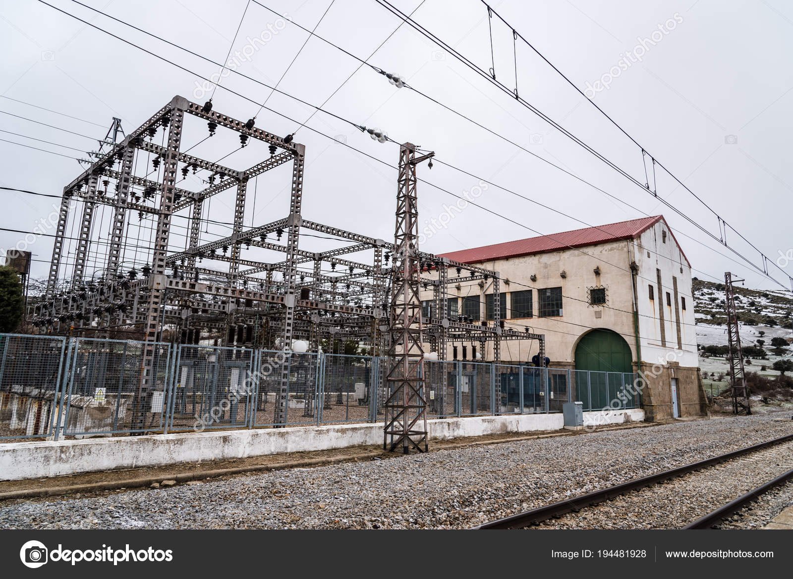 Electrical substation for power supply to railway against sky Stock ...