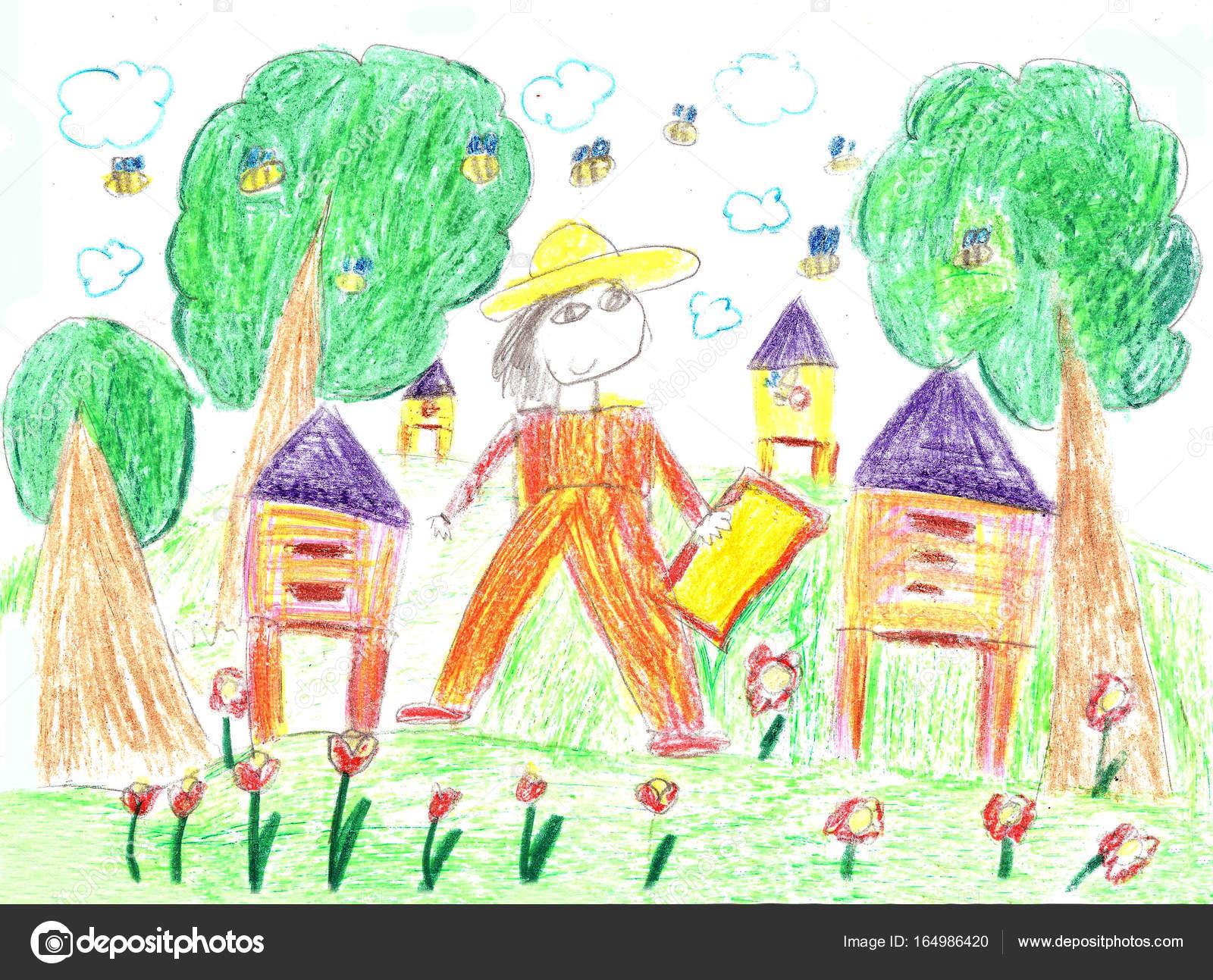 Child's drawing beekeeper in a field holding honeycomb frame — Stock ...