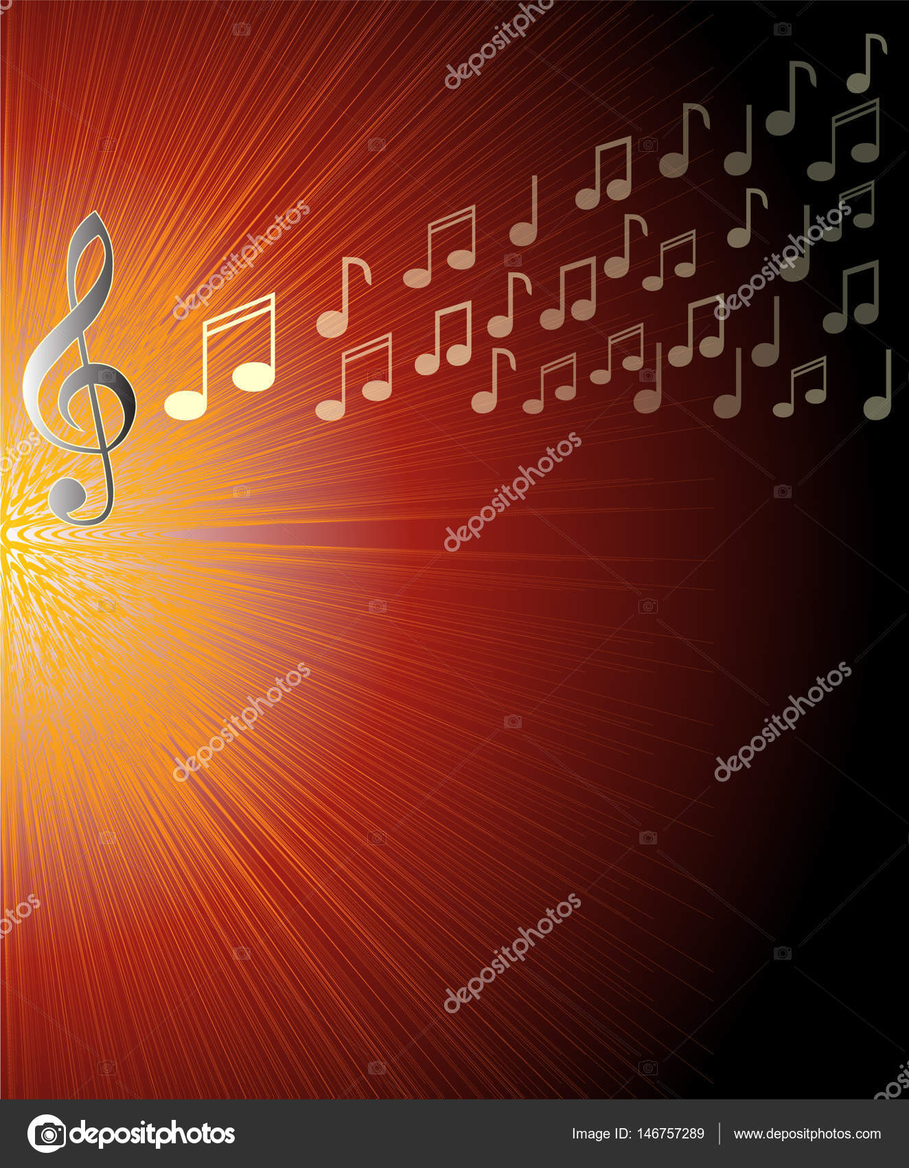 Musical background with treble clef and and notes on red rays area ...