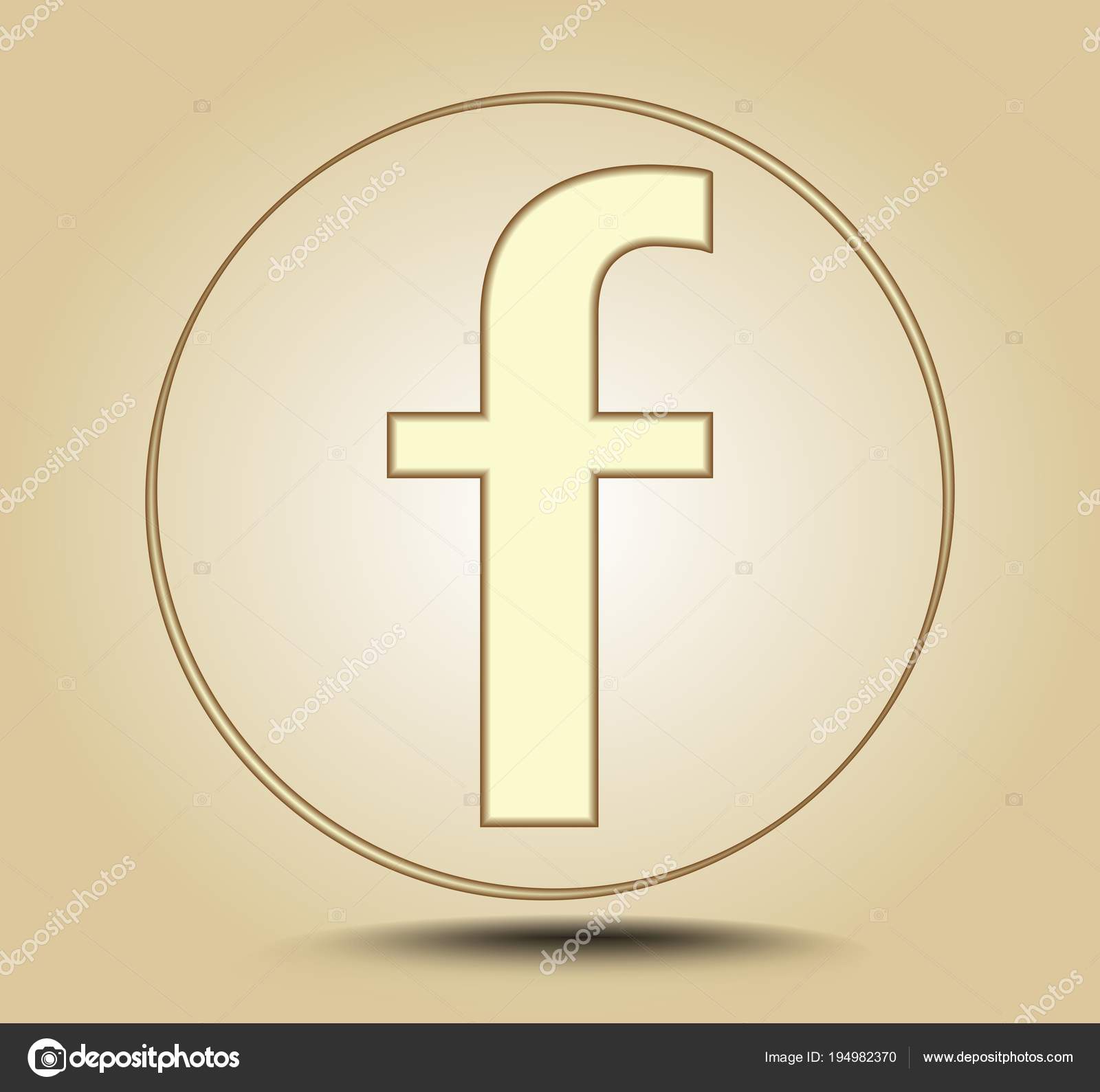 Letter F, round golden icon on light golden gradient background. Social ...