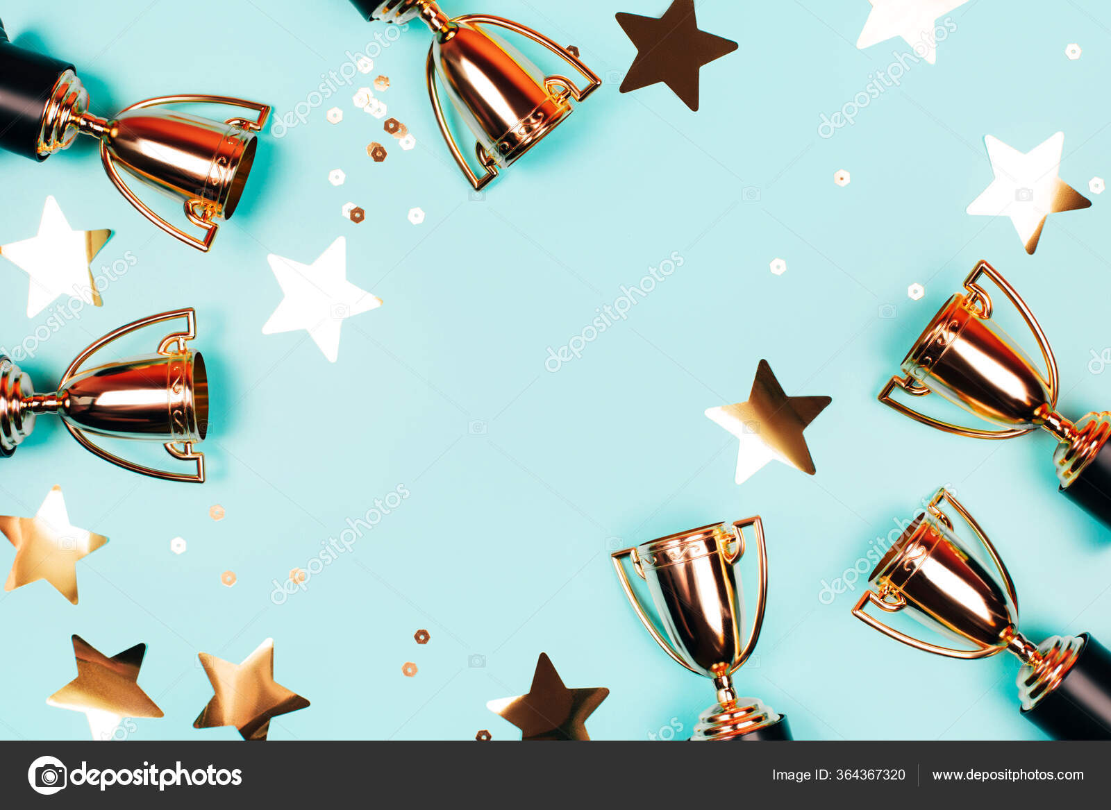 Golden Cups Winner Shiny Confetti Blue Background Copy Space Flat ...