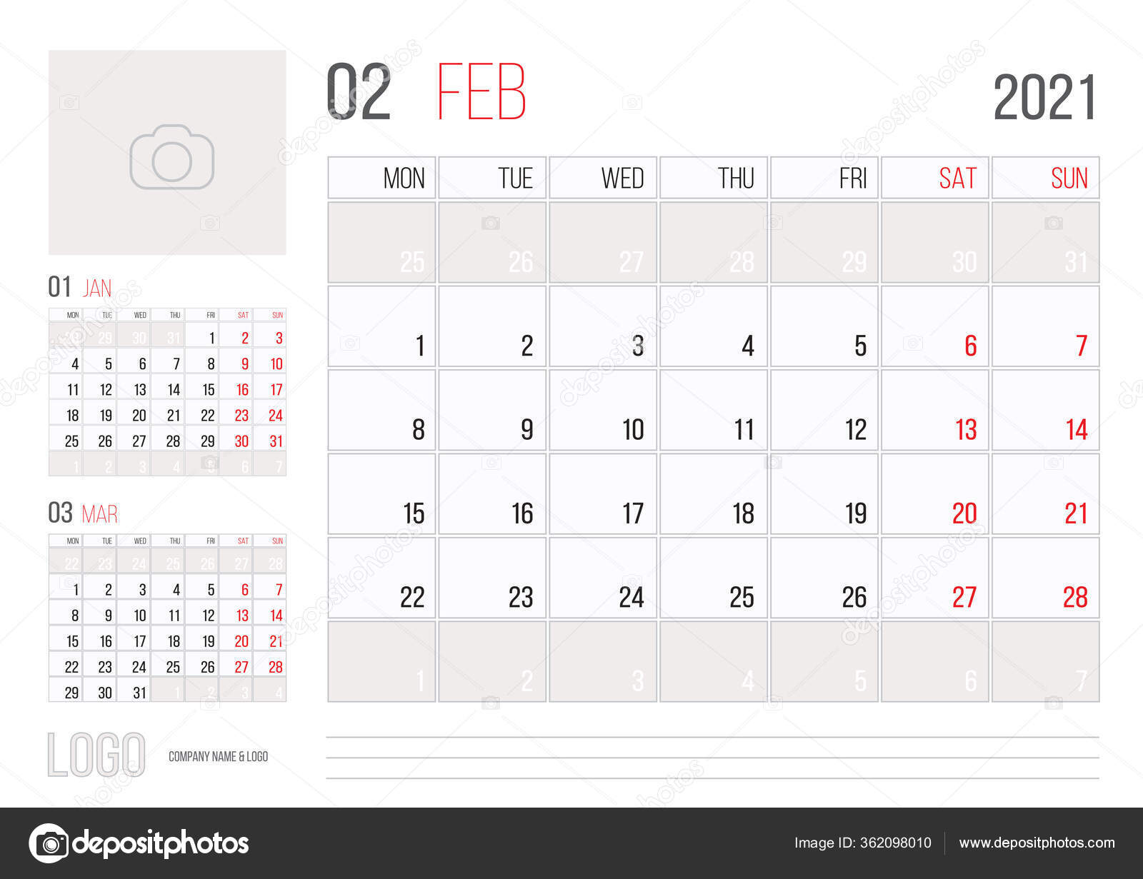 Calendario 2021 Planificador Plantilla Corporativa Diseño Mes Febrero ...