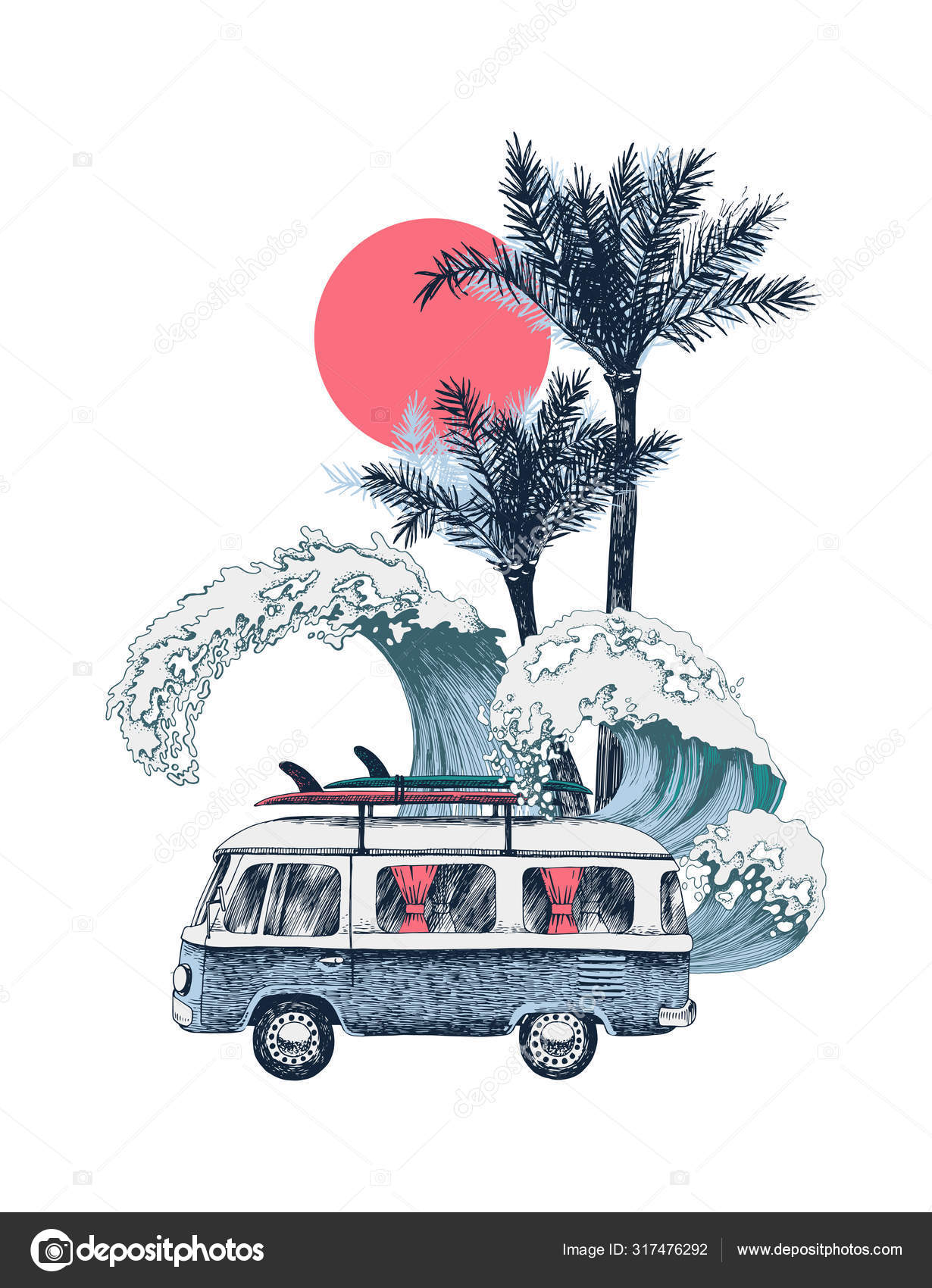 Summer time background with retro bus, palms and sea waves Stock Vector ...