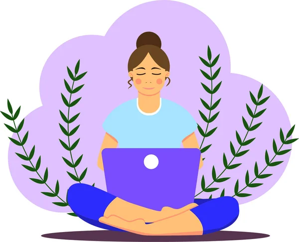 Asian Girl Sitting Laptop Lotus Position Young Woman Working Notebook