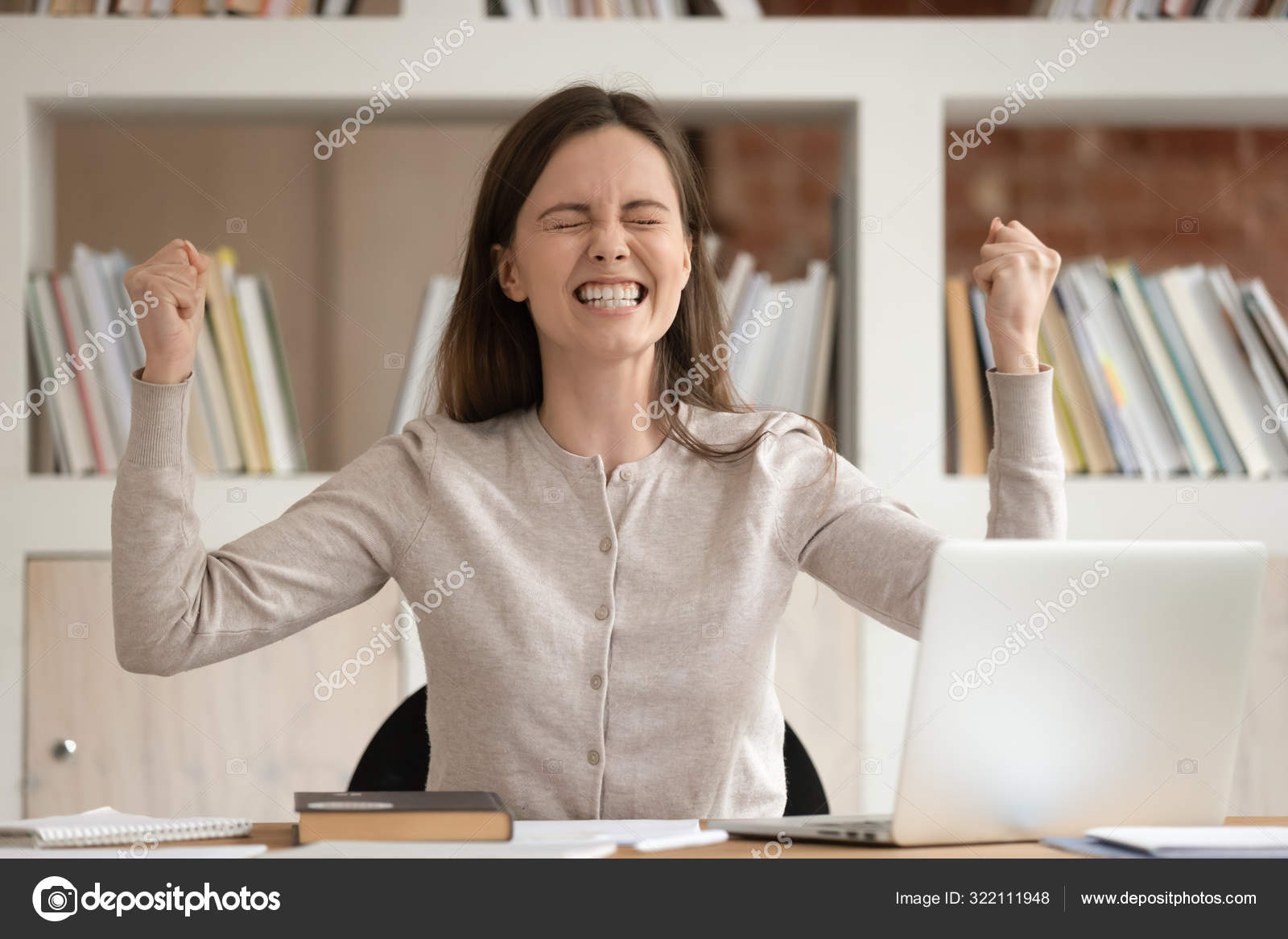 Euphoric female student celebrating received high score evaluation ...