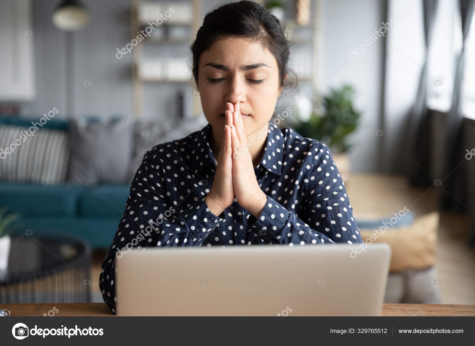Indian woman pray make wish sit at home with laptop — Stock Photo ...