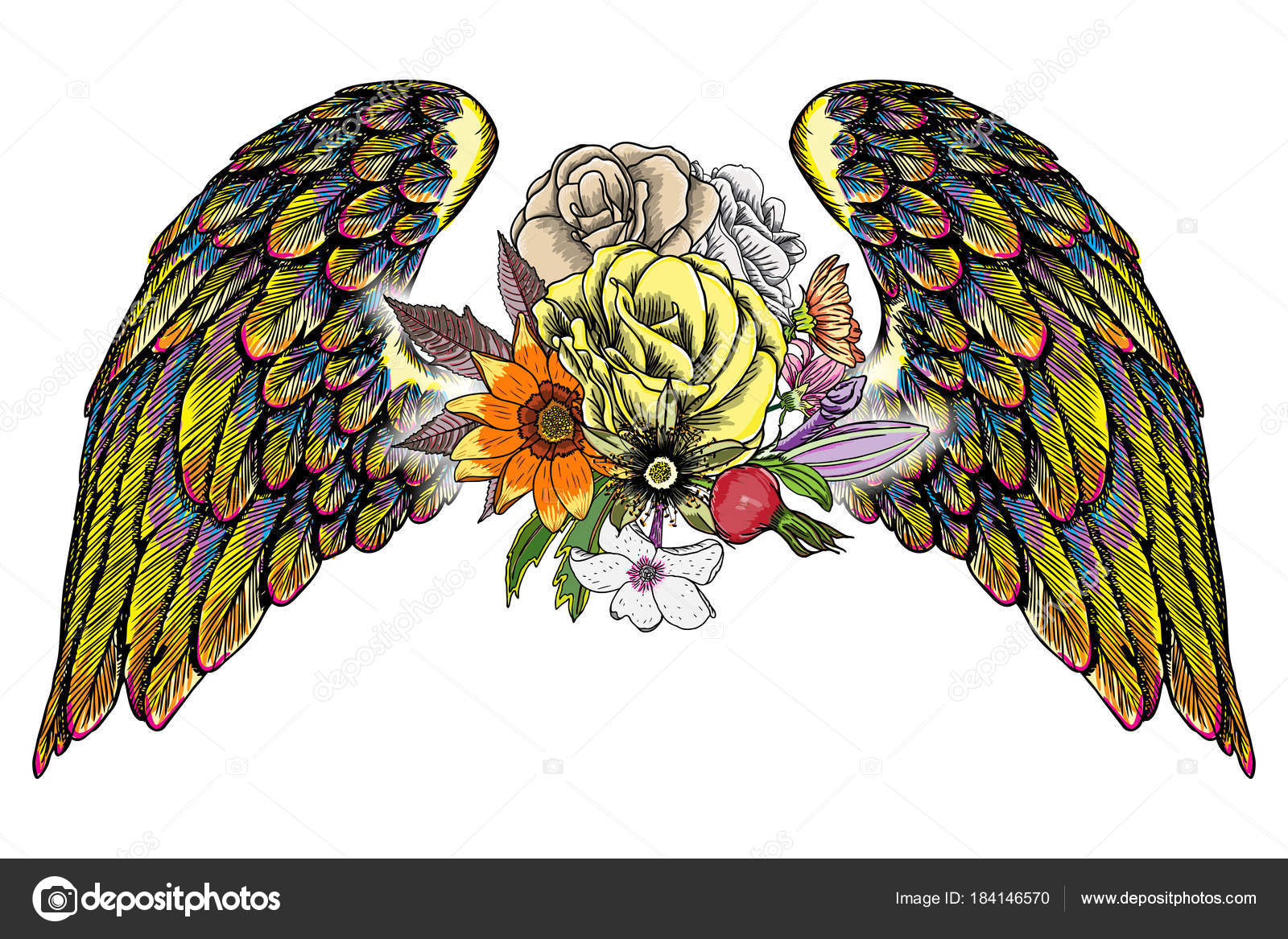 Rose and flowers with angel or bird wings. Stock Vector Image by ...