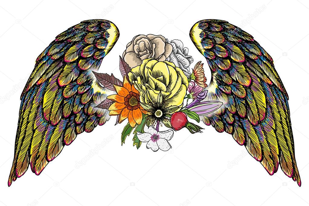 Rosa y flores con alas de ángel o pájaro. 2023