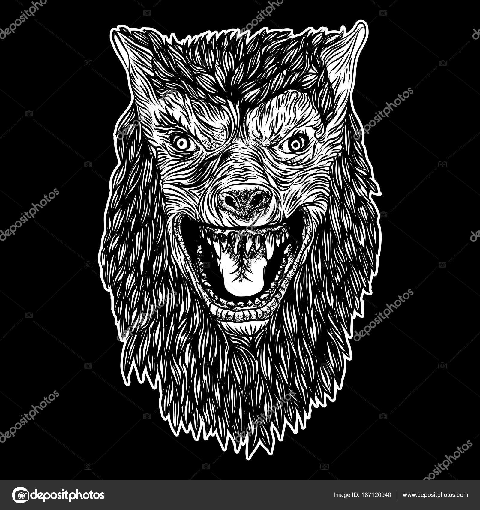 Head of roaring wolf or werewolf. T-shirt print Halloween concep Stock ...