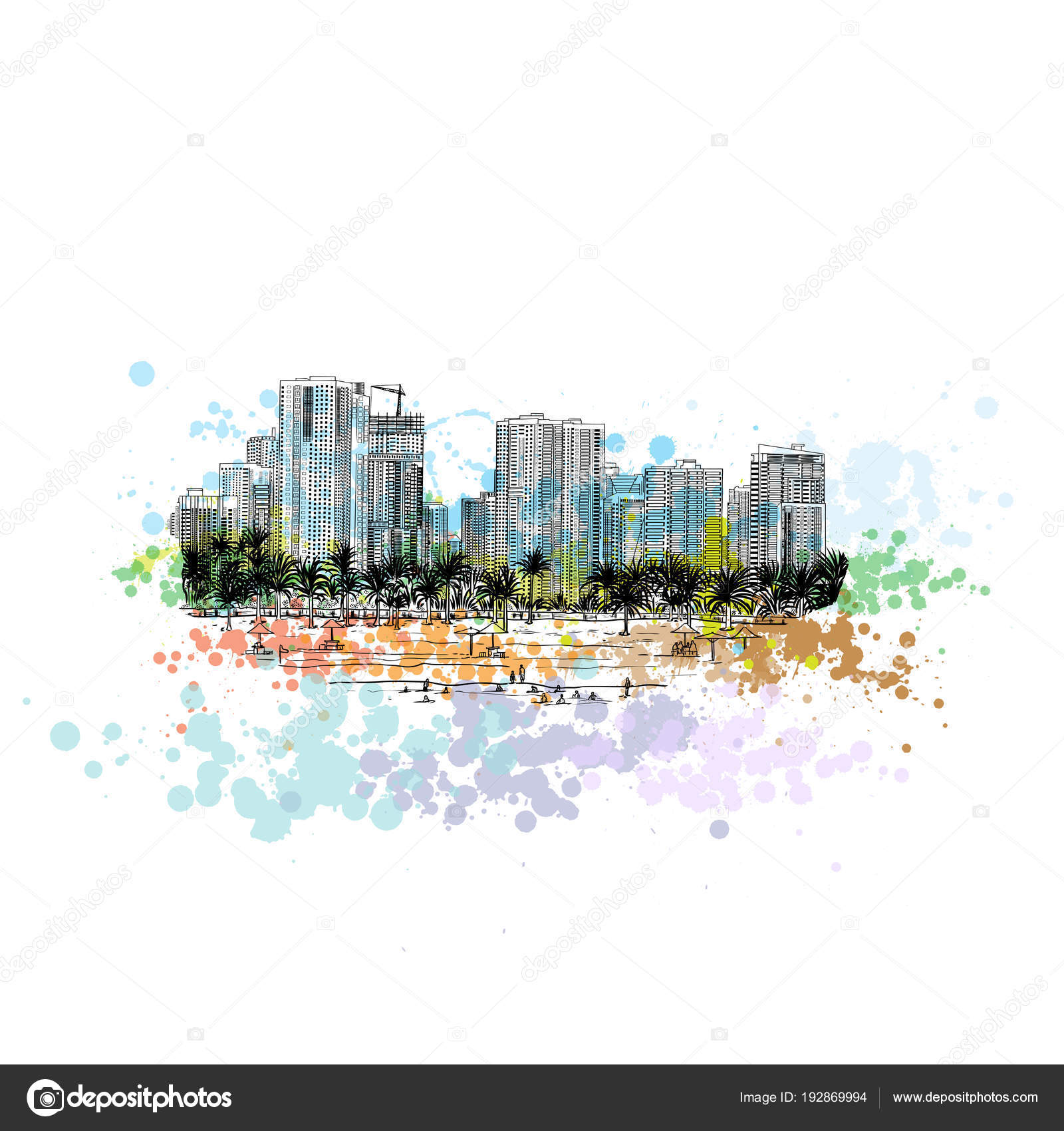 Watercolor splash sketch of Marina Dubai UAE. City and beach coa Stock ...