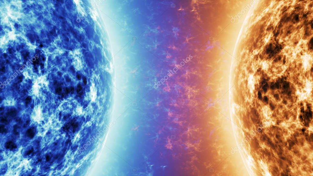 Estrella azul Vs Estrella roja. Superficie roja del sol con destellos ...