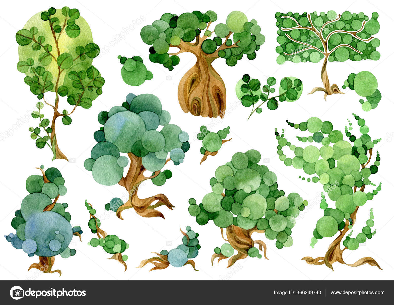 Watercolor Fairy Trees Set Isolated White Background Stock Illustration ...