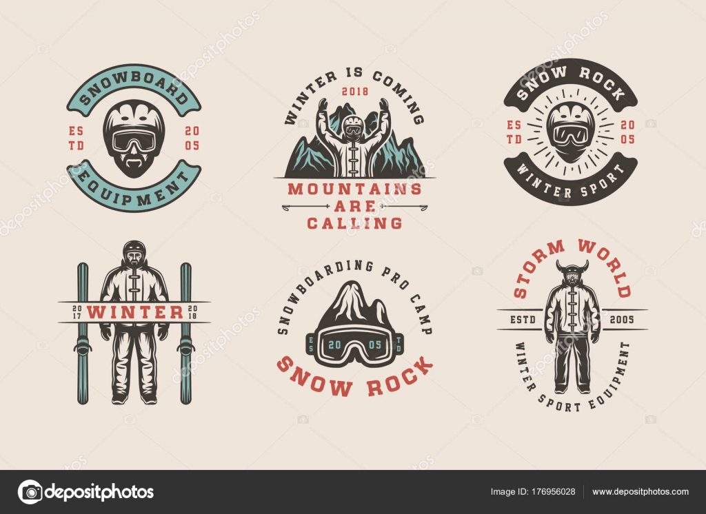 Set of vintage snowboarding, ski or winter sports logos, badges Stock ...