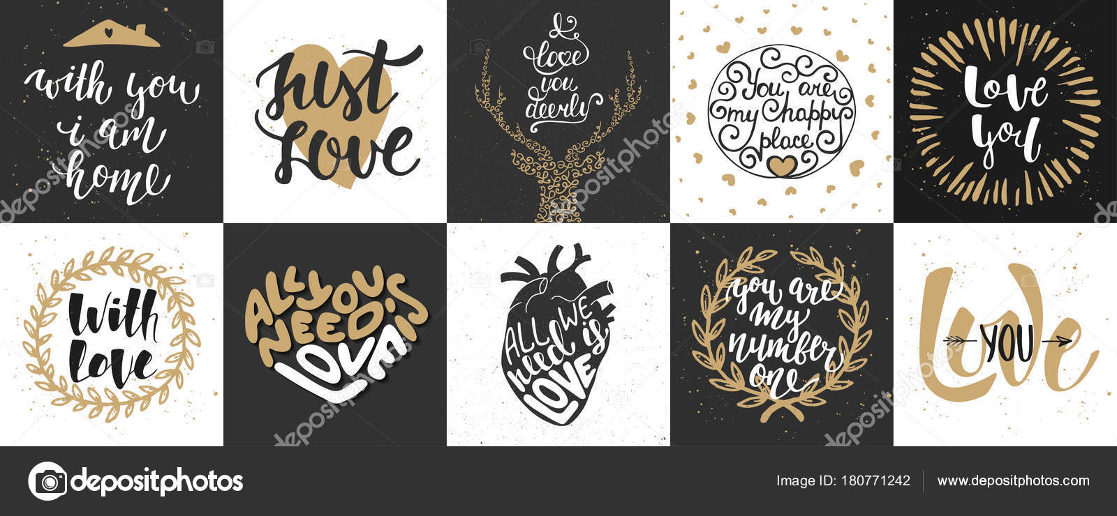 Set of romantic and love vector hand drawn unique typography design ...