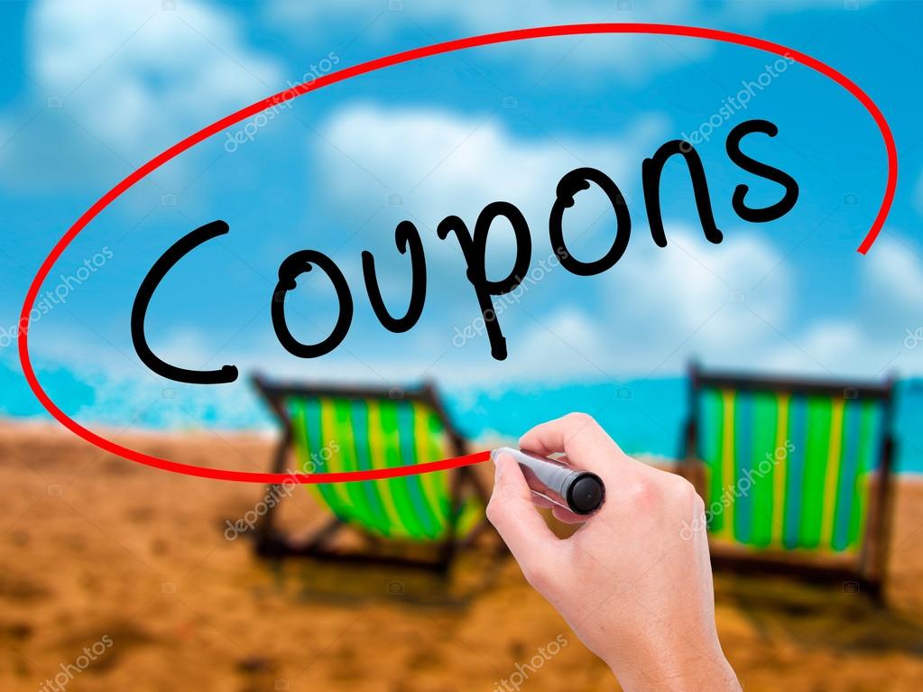 Man Hand writing Coupons black marker on visual screen — Stock Photo ...