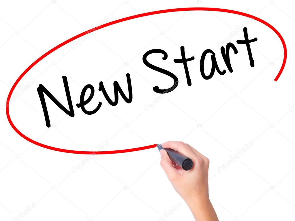 Women Hand writing New Start with black marker on visual screen Stock ...