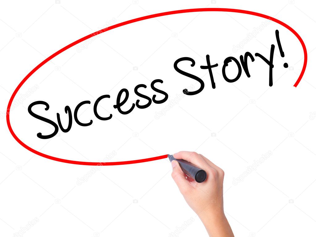 Women Hand writing Success Story! with black marker on visual sc ...