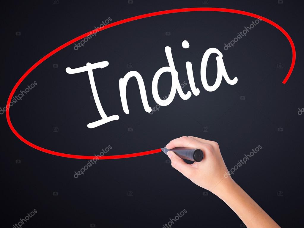 Woman Hand Writing India with a marker over transparent board . — Stock ...