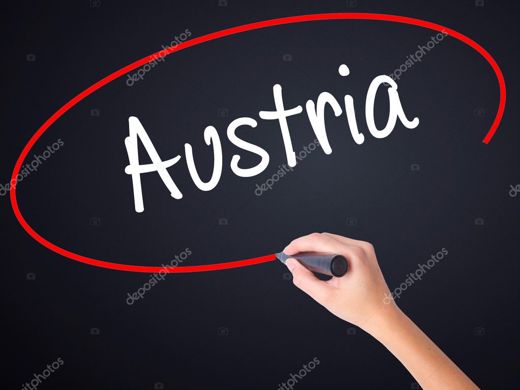 Woman Hand Writing Austria with a marker over transparent board — Stock ...