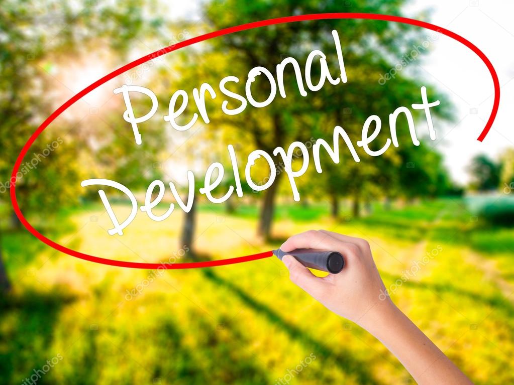 Woman Hand Writing Personal Development with a marker over tran — Stock ...