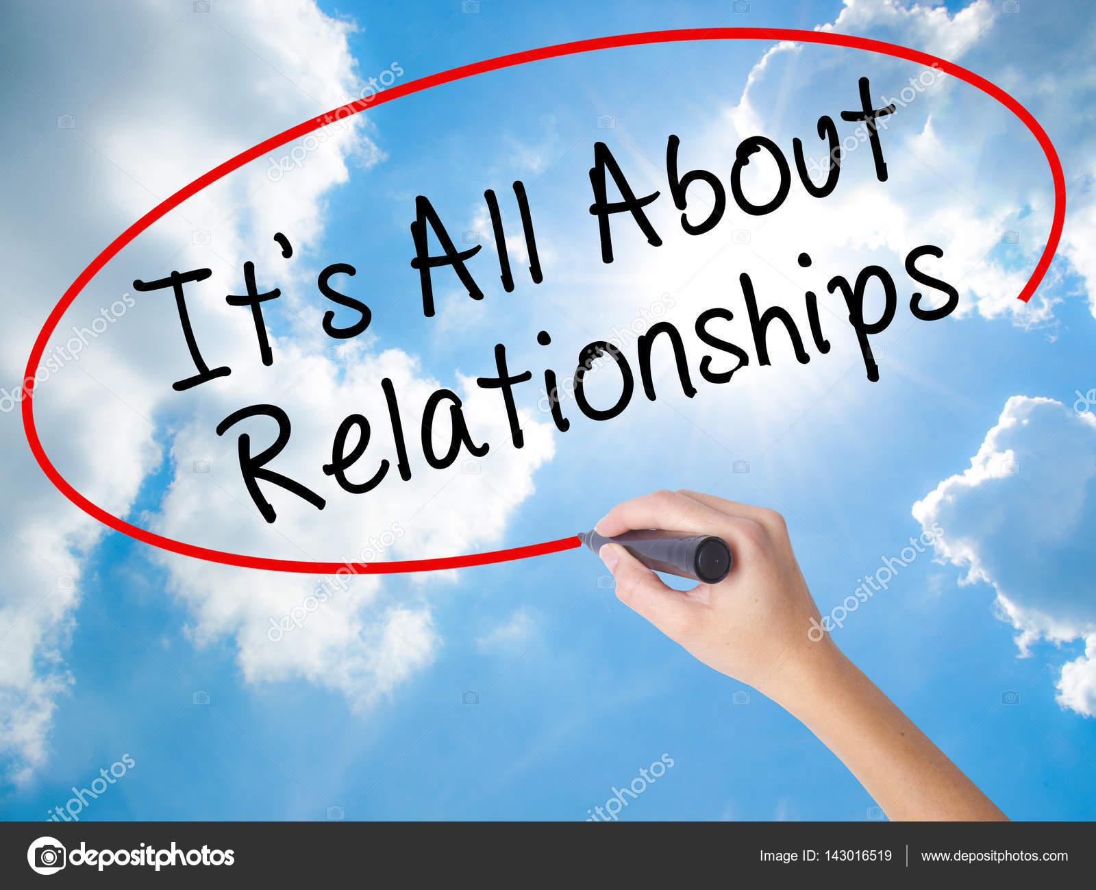 Woman Hand Writing It's All About Relationships with black marke ...
