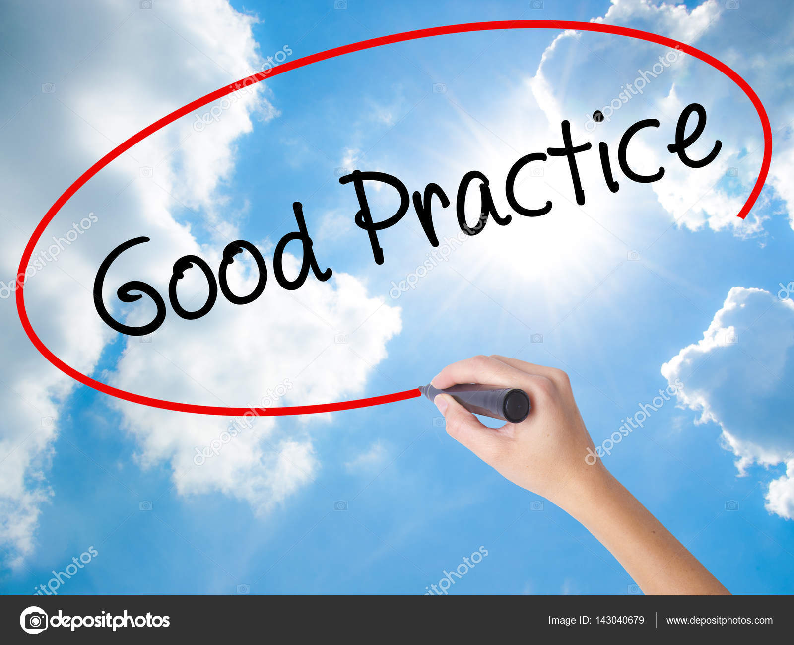 Woman Hand Writing Good Practice with black marker on visual scr ...