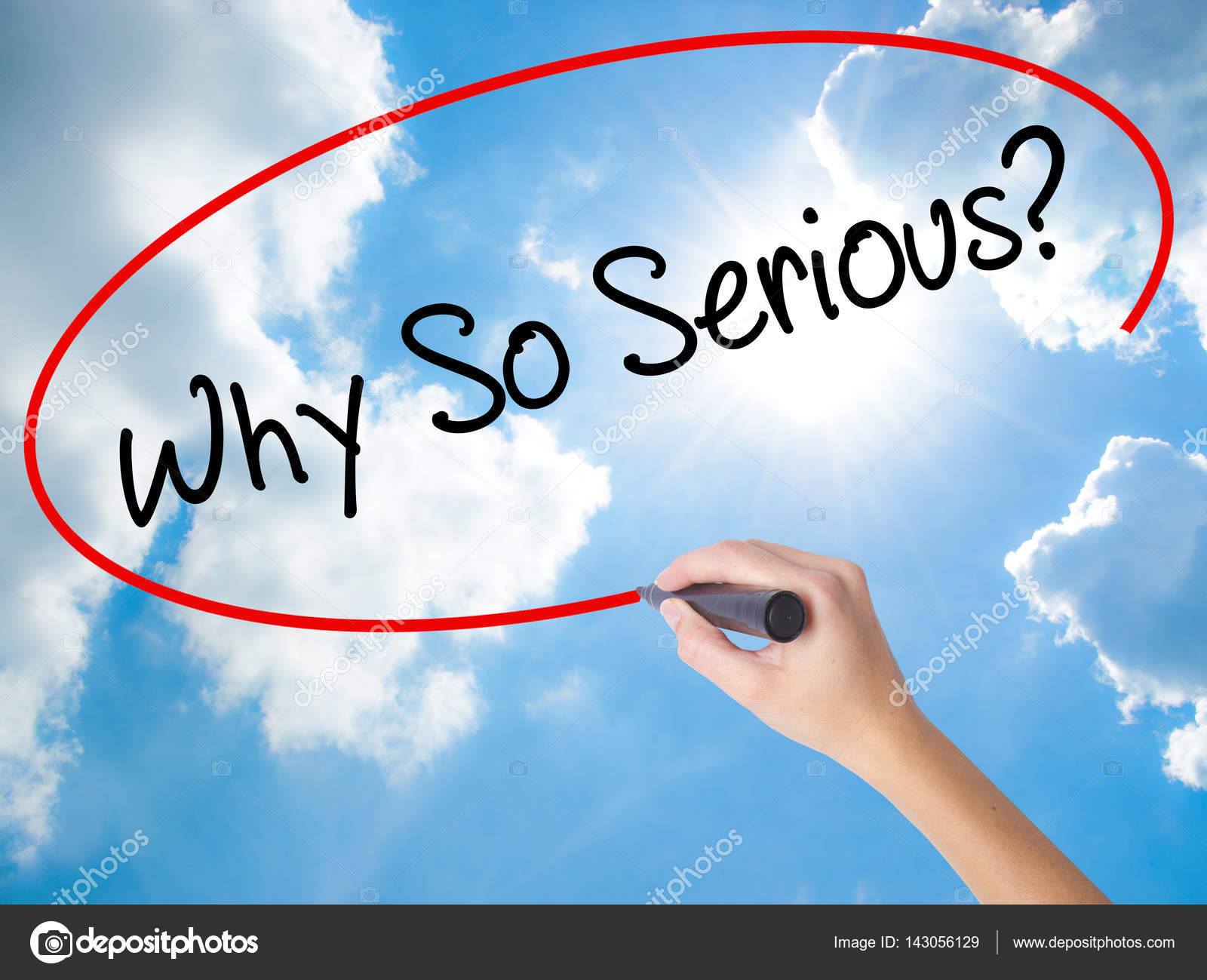 Woman Hand Writing Why So Serious? with black marker on visual s ...