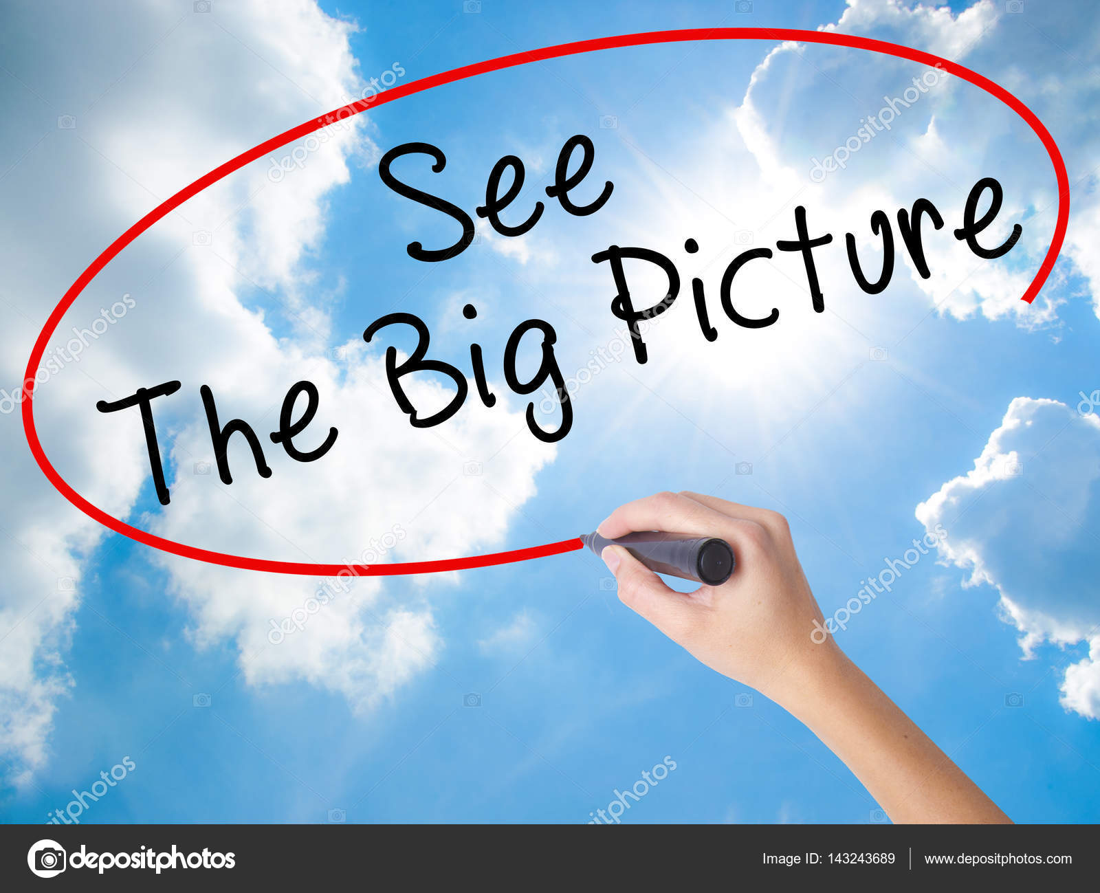 Woman Hand Writing See The Big Picture with black marker on visu ...