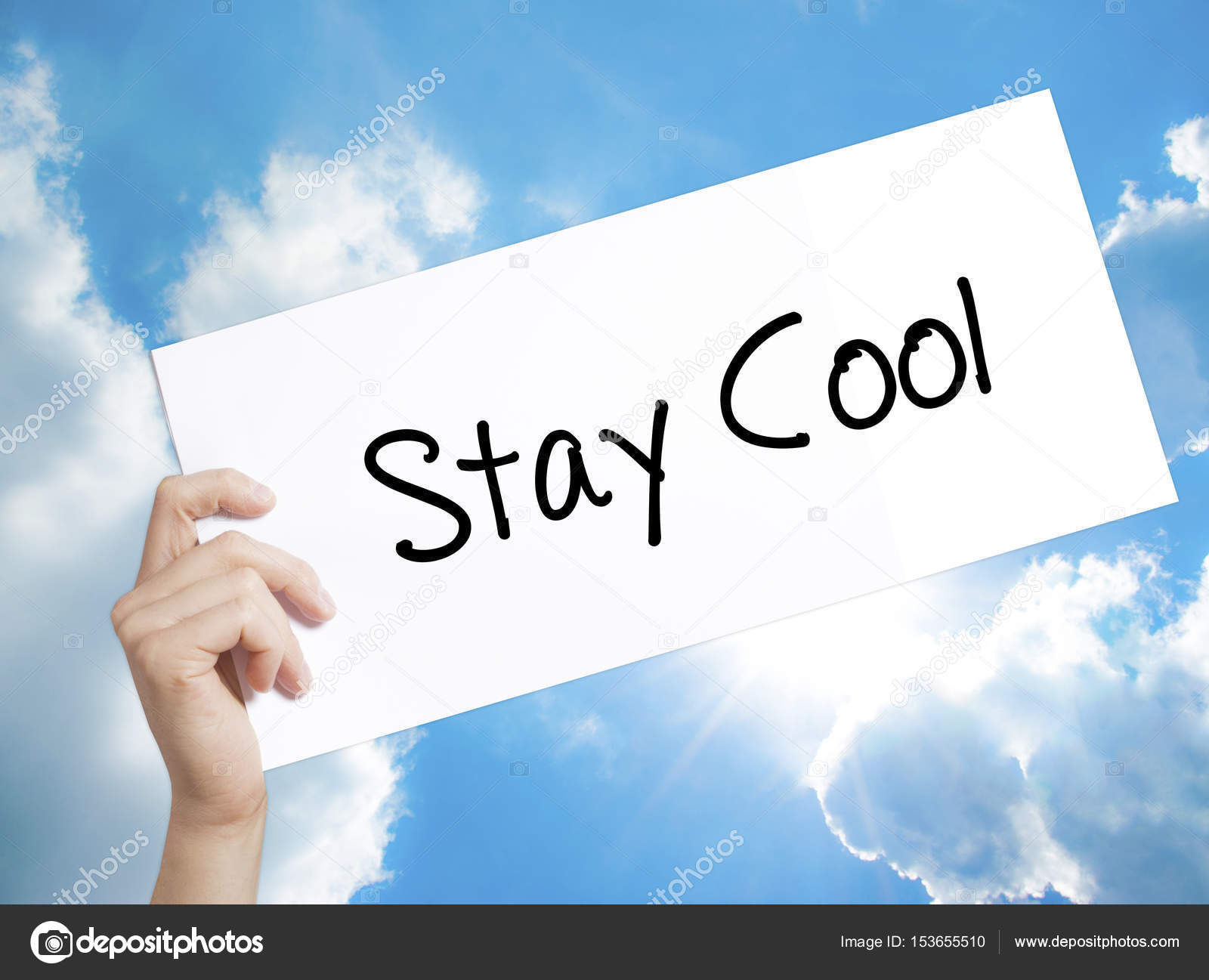 Stay Cool Sign on white paper. Man Hand Holding Paper with tex Stock ...